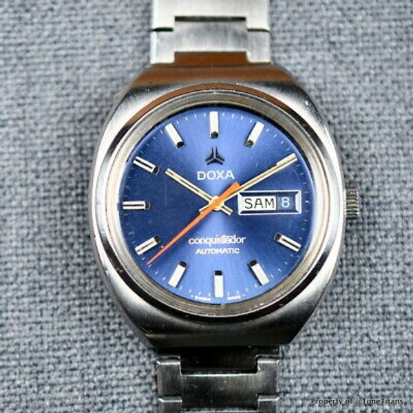 DOXA CONQUISTADOR SYNCHRON 1970s BLUE DIAL GERMAN DAY DATE 37MM STEEL ...