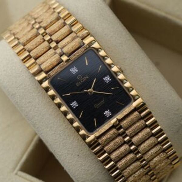 Vintage Elgin Quartz Watch Men Gold Tone Black Rectangle Diamonds ...
