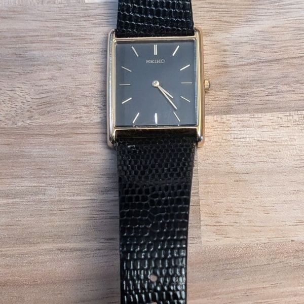 Vintage Seiko Tank Watch Men 25mm Gold Tone V700-5K30 Black Leather New Battery | WatchCharts ...