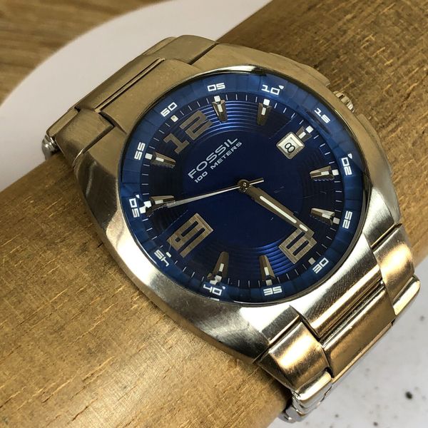 Fossil Men AM-4060 Stainless Steel Blue Dial Date Quartz Watch 8 1/4 ...