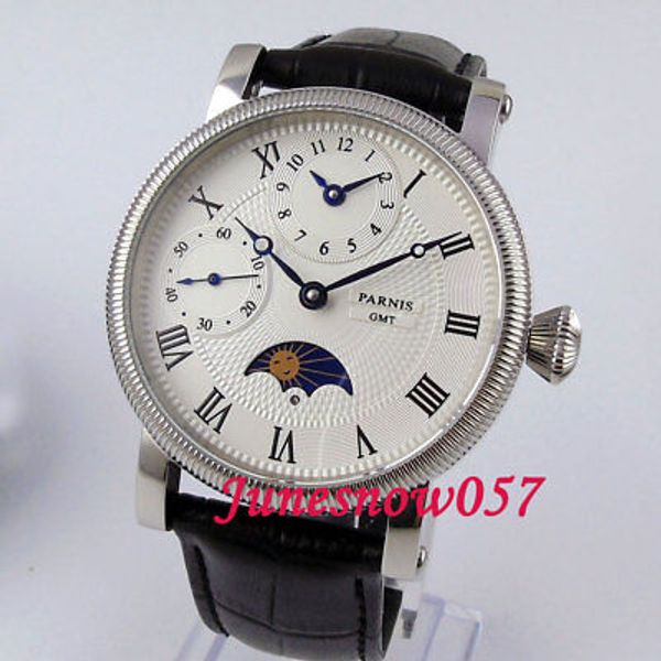 42MM PARNIS GMT Moon Phase Men's Watch Hand Winding Movement GMT ...