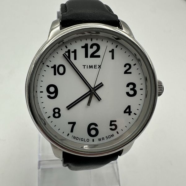 Timex TW2V21200, Men's Easy Reader Black Leather Watch, Indiglo, 43MM ...