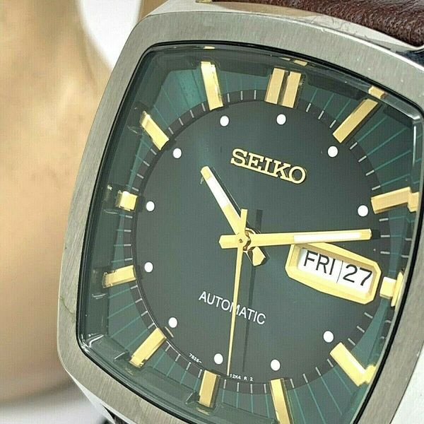 Seiko Recraft Automatic Green Dial Day Date Brown Leather Band Mens ...