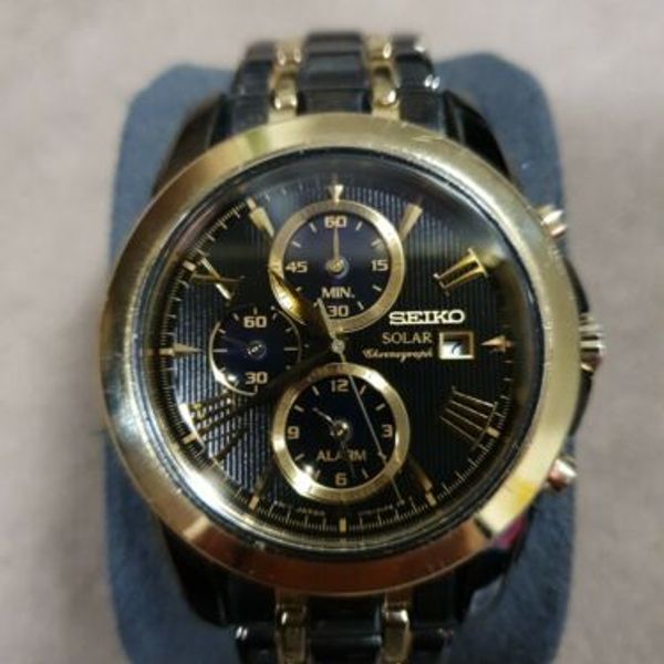 Mens SEIKO Watch V172-0AN0 Solar - Sapphire Crystal - Black and Gold ...