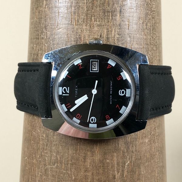 Vintage Timex Men 23652-2573 Black Dial Leather Mechanical Wind Watch 7 ...