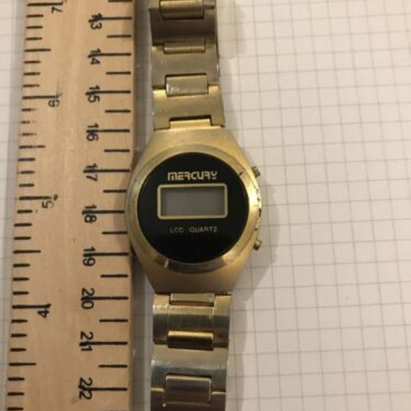 Mens Vintage Digital Wrist Watch Mercury Lcd Quartz 70s Gold Strap Non ...