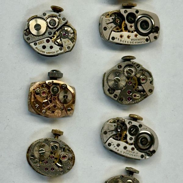 10 Antique ladies watch movements w/dials! Omega, Movado, Elgin, Benrus ...