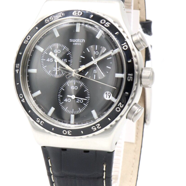 Swiss Swatch New IRONY CHRONO AT NIGHT Leather Date Watch 45mm YVS495 ...