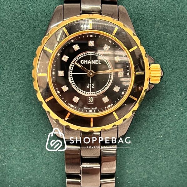 RARE! Chanel J12 ref H2543 in Black Ceramic Gold Bezel & Diamond Dial ...