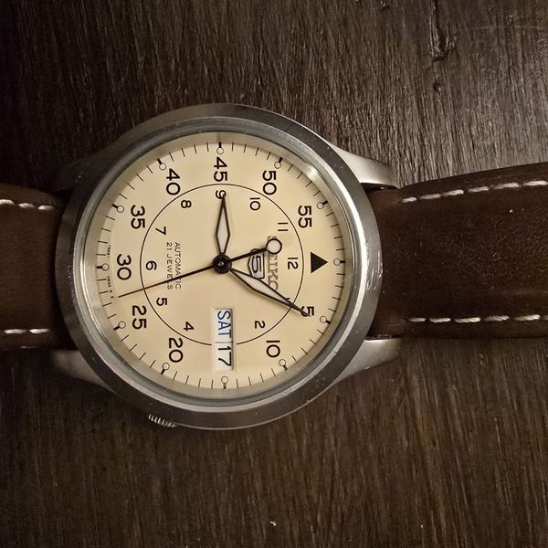 SEIKO 5 SNK803K2 Beige Automatic Watch Military Leather & Nylon Band ...