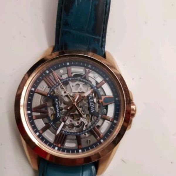 Bulova Men's Classic Automatic Full Skeleton Blue Leather Watch Water ...