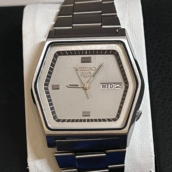 Seiko 5 Hexagon 6309 8230 Rare Silver Dial Day Date 37MM Vintage Watch ...