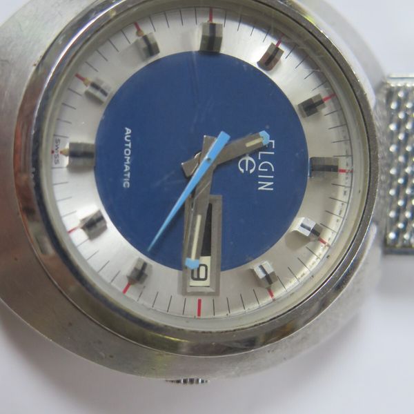 1970's Elgin Automatic Blue Dial Stainless Steel Watch - Runs - See ...