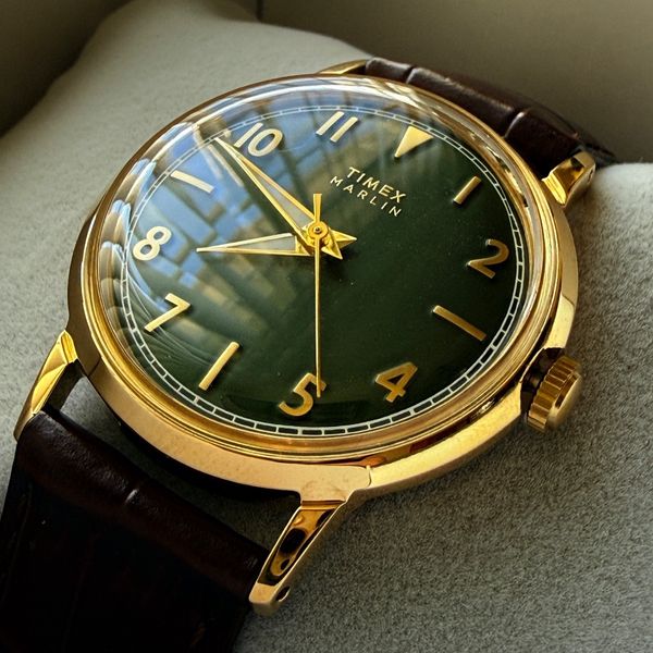 Timex Marlin Quartz 34mm Gold-Tone Case Green Dial Leather Strap - NEW ...