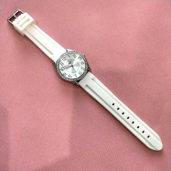 Gruen II Ladies white crystal watch. 8" band- s/s case- silvertone dial ...
