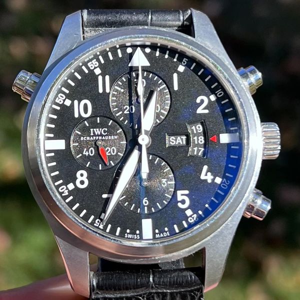 IWC Double Chronograph Pilot Black Dial Black Leather 46mm Men's Watch ...