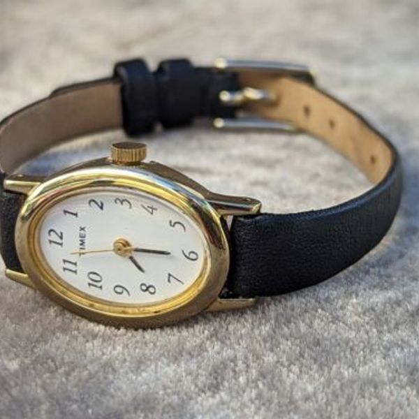 Classic Timex Women's 18mm Oval Gold Tone Quartz Watch Black Leather ...