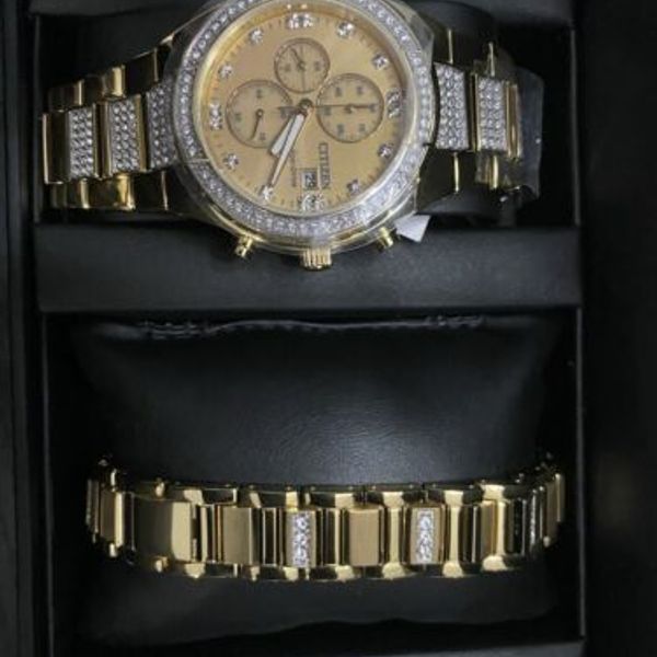 Citizen Eco Drive Mens Crystal Gold Tone Stainless Chronograph Watch ...