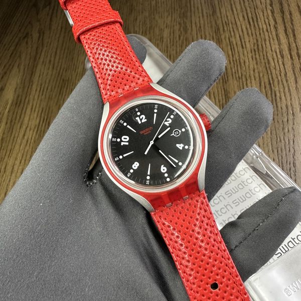NEWâ Swatch GO JUMP X-lite Aluminum Red Perforated Leather Men's Watch ...