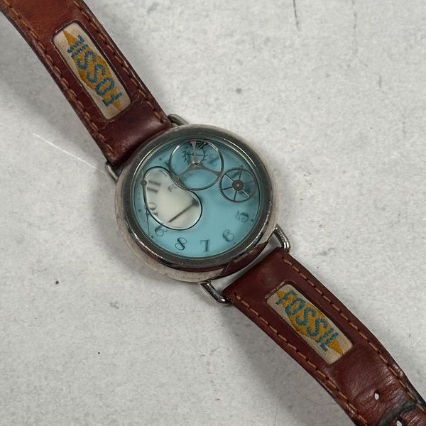 VTG Fossil Watch Blue Liquid Dial Floating Gears RARE Y2K 90s FOR PARTS ...