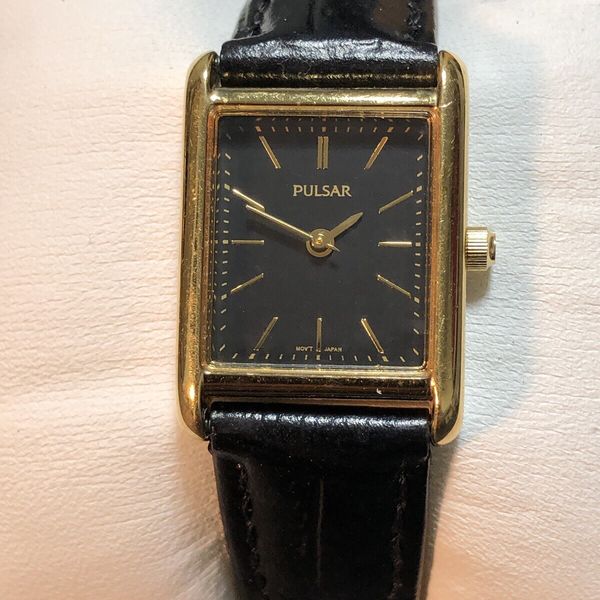 Vintage Pulsar Tank By Seiko Womenâ s Watch Gold Tone Black Rectangle ...