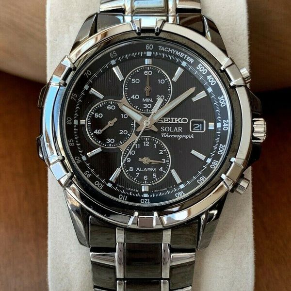 Seiko Solar Men's Chronograph SSC143 Watch Eco Black Band Silver Alarm ...