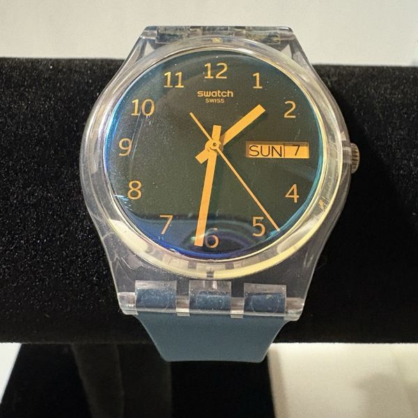 Vintage Swatch Swiss Quartz Day Date Watch Transparent Case Green Dial ...