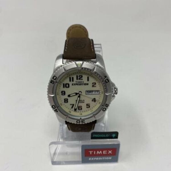 Timex T46681, Men's Expedition Brown Leather Watch, Indiglo, Day/Date ...