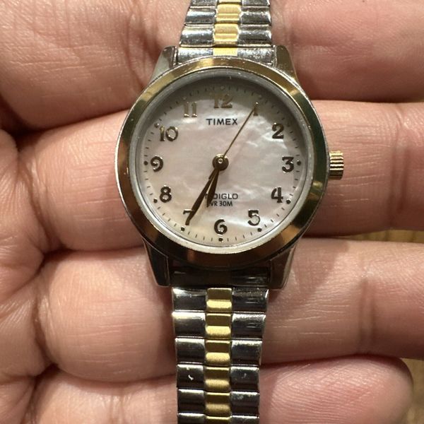 Working Timex Women's Indiglo Mother Of Pearl Gold Two Tone Wrist Watch ...