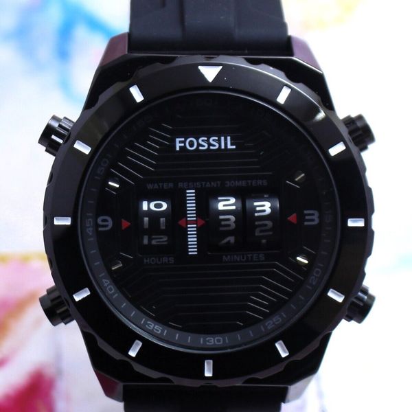 #Luxury Fossil Quartz Black-Dial Analog Rubber-Band Men's GP-Case Wrist ...