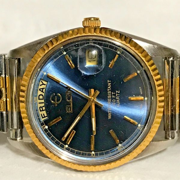 Vintage Elgin Quartz President Style Day Date Blue Dial Men's Dress ...