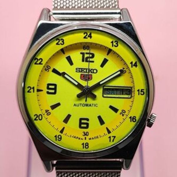 VINTAGE SEIKO 5 YELLOW 24 HOUR FACE AUTOMATIC JAPAN WORKING WRIST WATCH ...