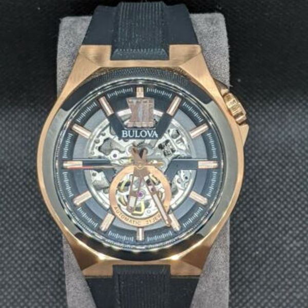 Bulova Men's Classic Skeleton Dial SS Black Silicone Automatic Watch ...