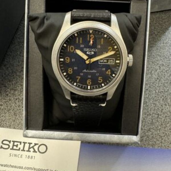 Seiko 5 Automatic Black Leather Band Watch Blue Dial SRPG39 Made In ...