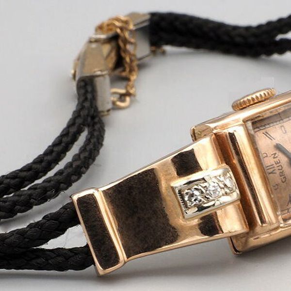 Vintage Ladies GRUEN Very-Thin Watch 14K Gold 6 Diamonds Swiss Made 17 ...
