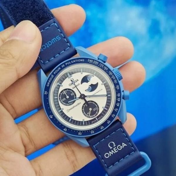 New Swatch Bioceramic Moonswatch Mission Neptune Blue Moonphase Watch ...