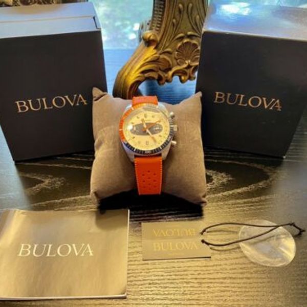 NEW BULOVA ARCHIVE CHRONOGRAPH A SURFBOARD CREAM DIAL ORANGE RUBBER ...