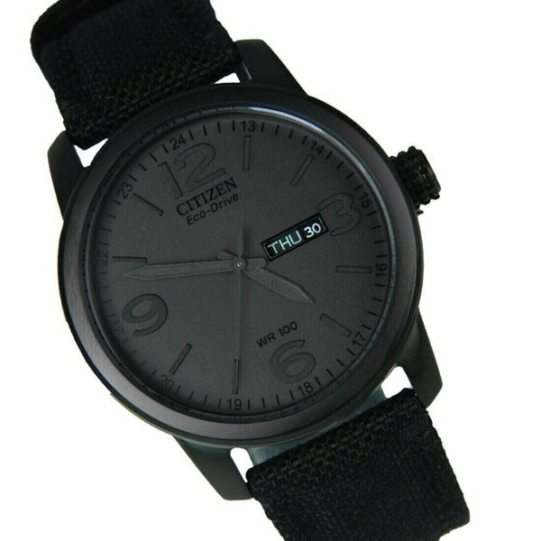 CITIZEN MEN'S $295 ECO-DRIVE BLACK ION DAY/DATE BLACK CANVAS WATCH ...