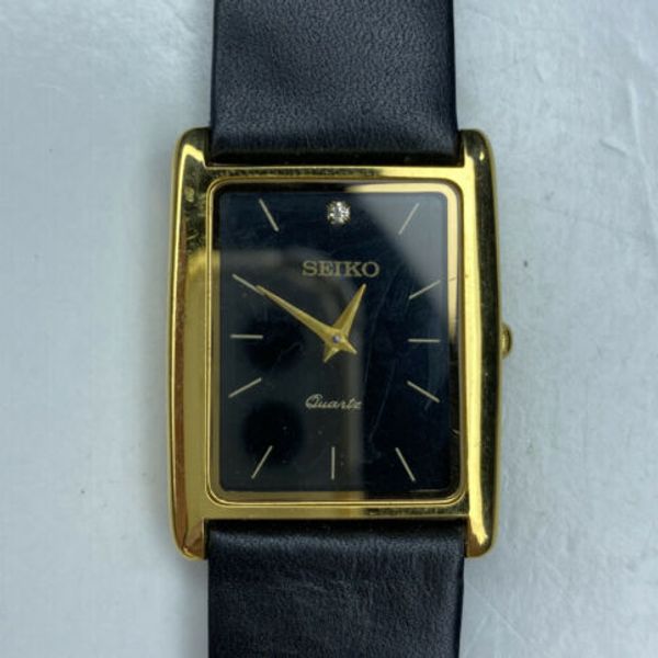 E Seiko V401-5241 R1 BT 100398 Mens Gold Tank Black Leather Untested ...