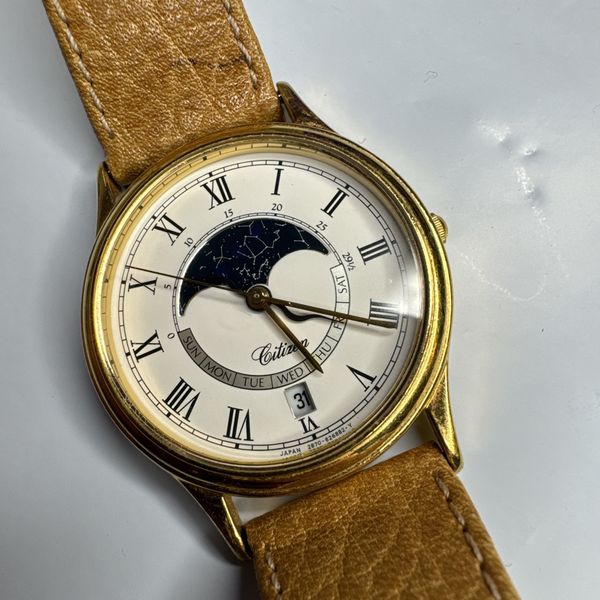 VTG Citizen Moon Phase Watch Men White Dial Gold Tone Daydate Round ...