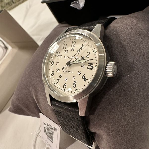 Bulova Hack 96A246 Men's Watch 38MM Ivory Dial Leather Strap Automatic ...