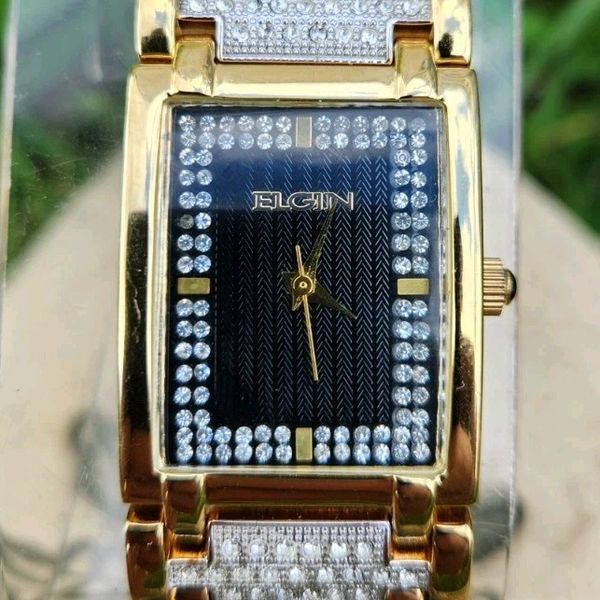 Elgin Diamond Dress FG061 VJ21 Black/Gold Tone 22mm Men's Tank Watch ...