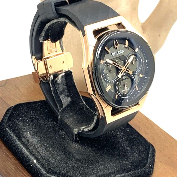 Bulova Men's Watch 98A185 Curv Chronograph Rose Gold Steel Black Rubber ...