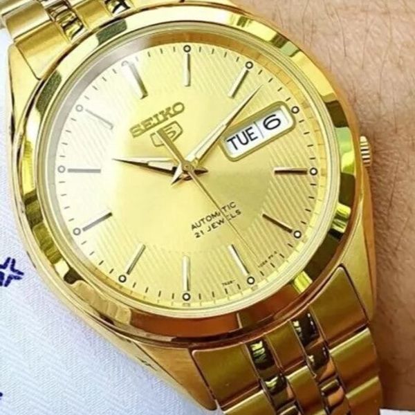 Seiko 5 Automatic Gold Dial Steel Strap Men's Classic Style Dress Watch ...