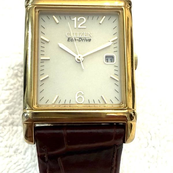Citizen Eco-Drive Tank Watch Men's White Dial Gold Tone Date Rectangle ...