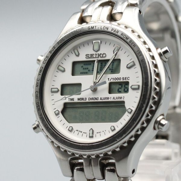 *N MINT* Vintage SEIKO World Time H021-8050 Quartz White Dial Round ...