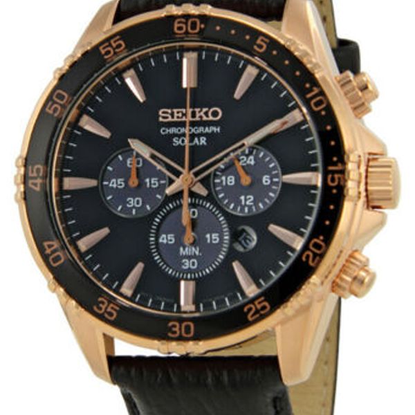 Seiko Men's Solar Chronograph 100m Stainless Steel/Black Leather Watch ...