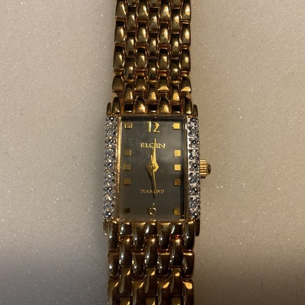 ELGIN Womens Diamond Watch Quartz, 7â Gold tone band. 5/8â wide ...