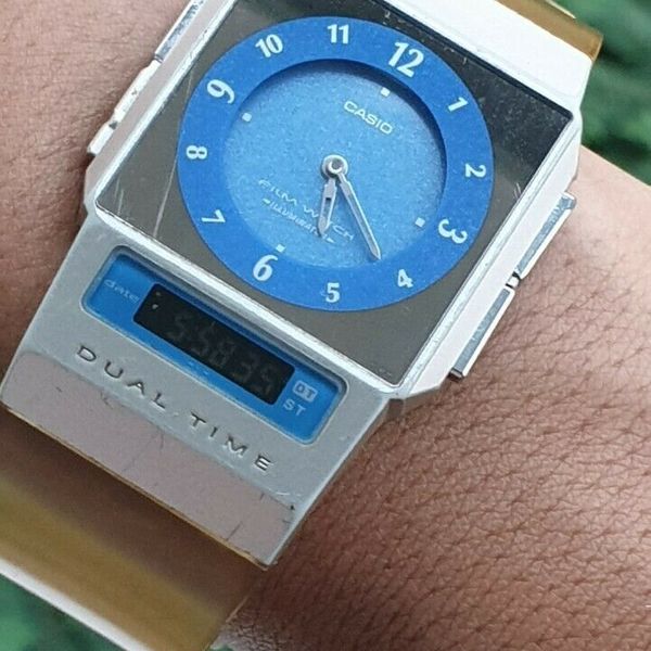 Vintage Casio FS-01 Module 2321 Dual Time Film Watch Rare Blue Face Ana ...