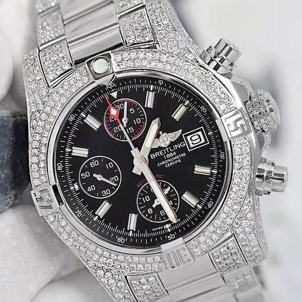 Breitling Avenger II Black Dial Fully Iced Out Stainless Steel Men ...